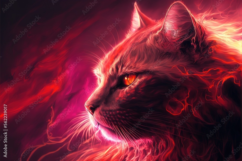 a cat with red eyes and a red background is shown in this image, it ...