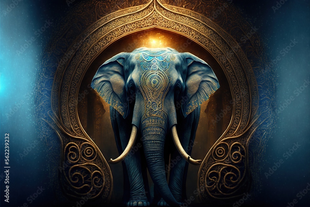 an elephant with a light shining on its head in a doorway with a light ...