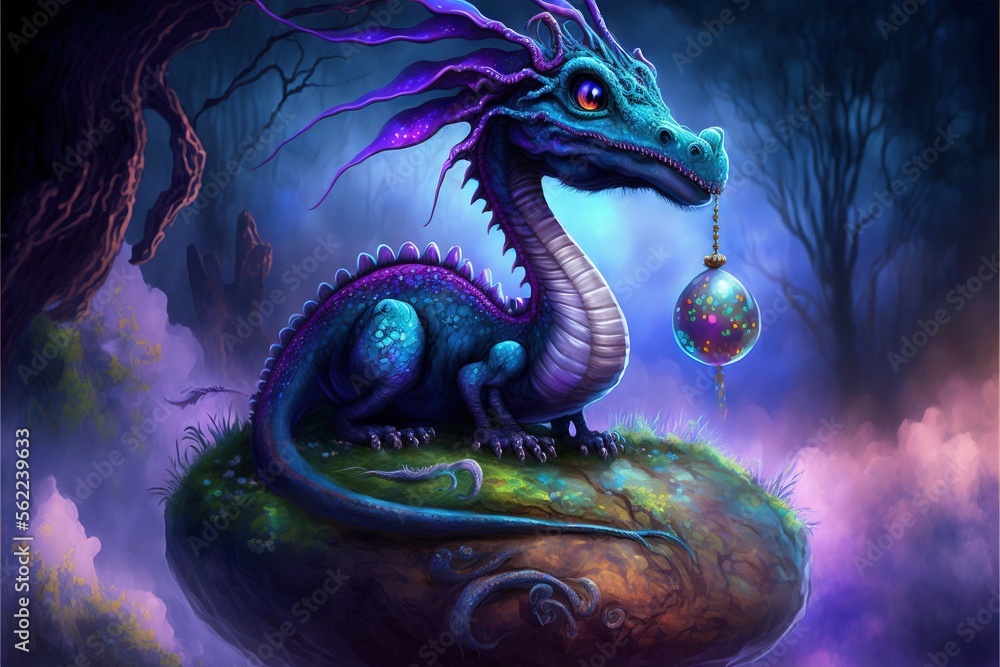 a dragon sitting on top of a rock in the woods with a ball in its mouth ...