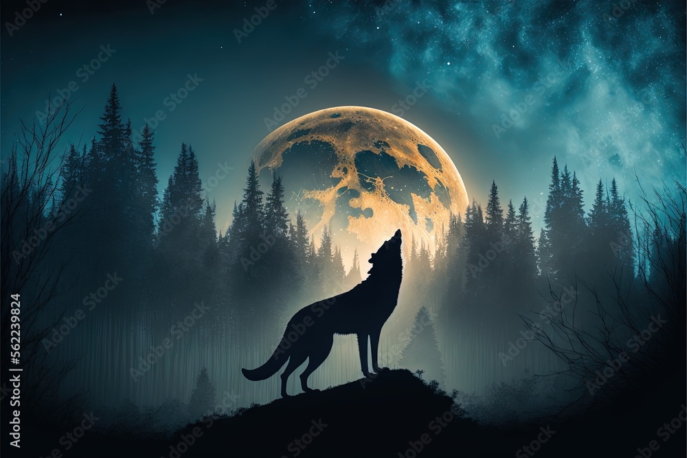 a wolf standing on a hill looking at the moon in the sky with trees in the background and a full ...