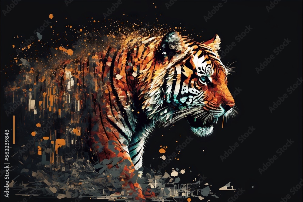 a tiger with a black background and orange spots on it's face and neck ...