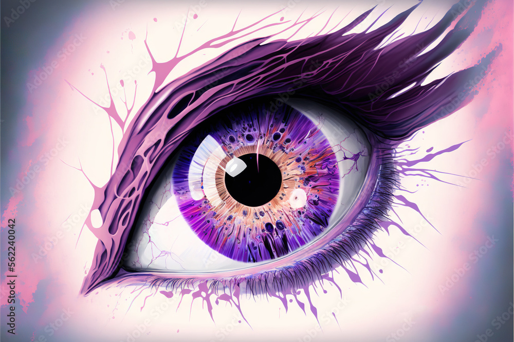 a close up of a purple eye with a black circle in the center of the ...