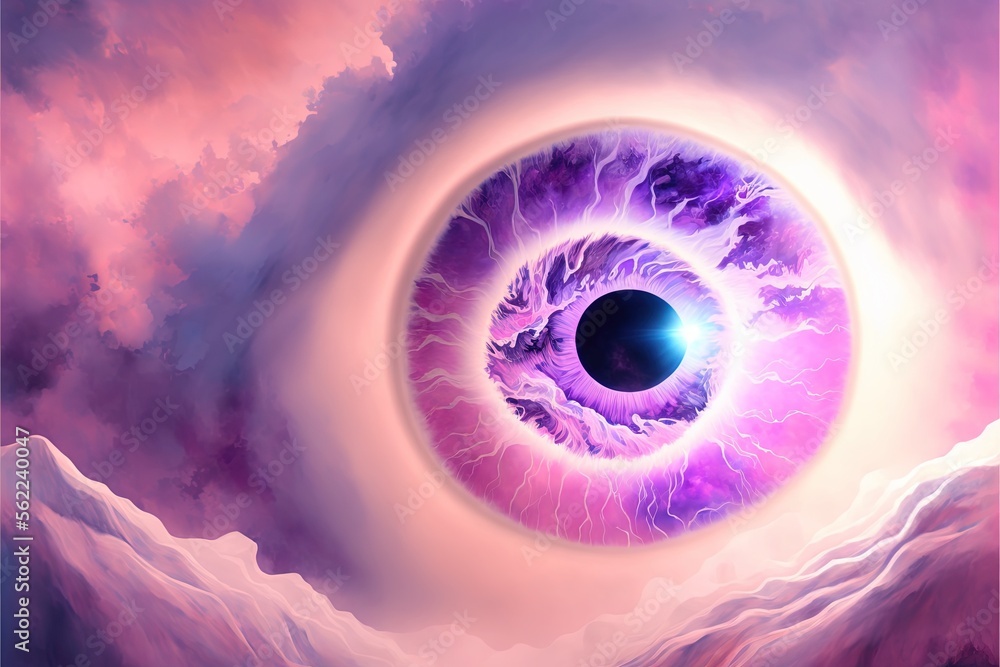 a painting of a purple eyeball in the sky with clouds and mountains in ...