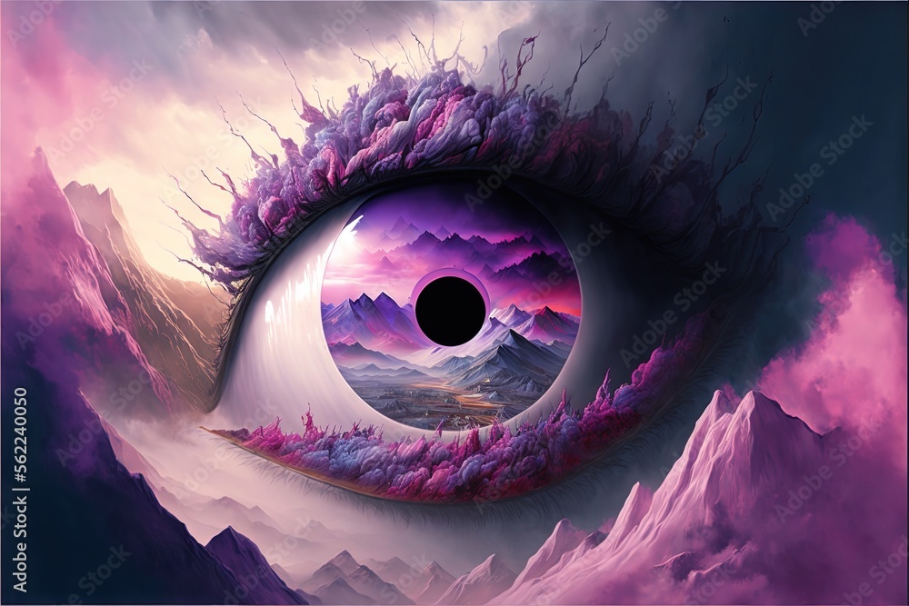 a painting of a purple eye with mountains in the background and a ...