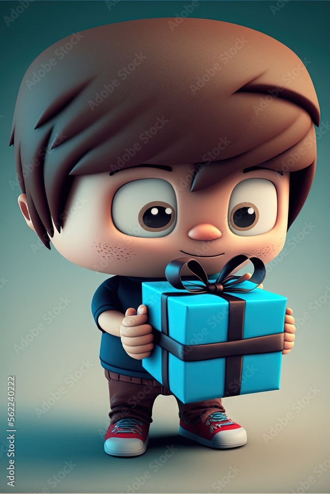 a cartoon character holding a blue box with a bow on it's head and a ...