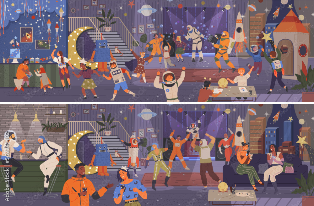 Animators at birthday party in cosmic style. Theme party in costumes ...