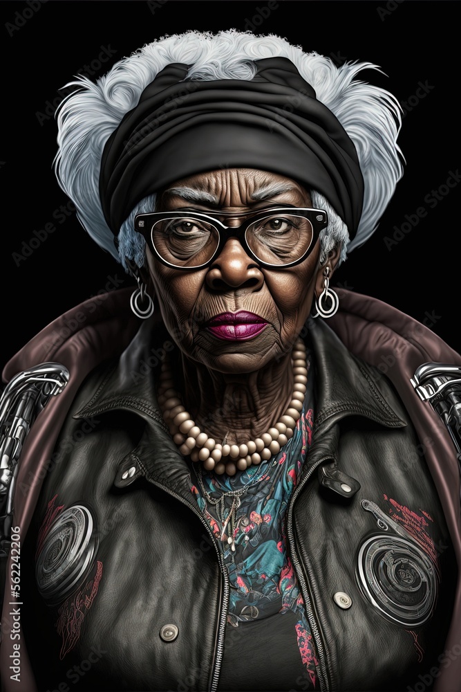 Black biker grandma, older woman in leather jacket, black senior mafia ...