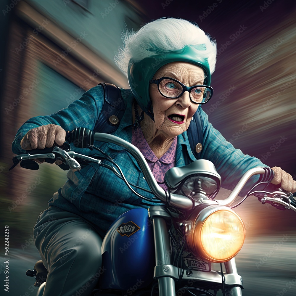 Cool biker grandma, grandmother on a fast motorcycle, cool senior woman ...
