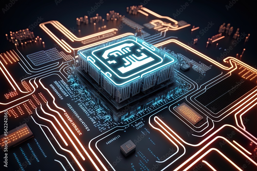 Conceptual Microchip Symbol for the Internet. Bright White Neon A ...