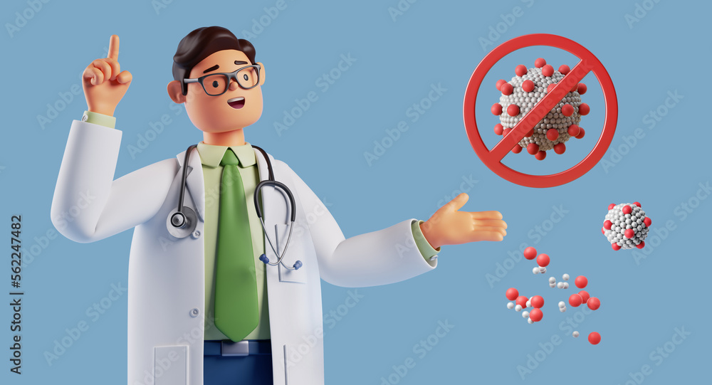 3d render, cartoon character trustworthy doctor wears glasses and tells ...