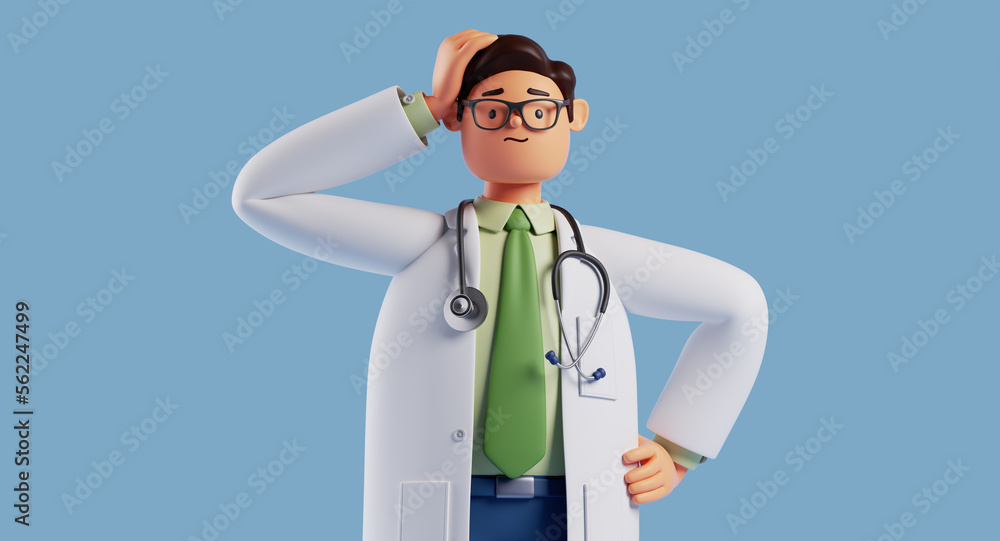 3d render, cartoon character male doctor confused. Thinking man touches ...