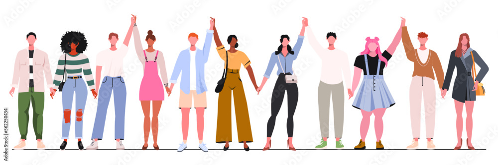 Group of young men and women standing together and holding hands ...