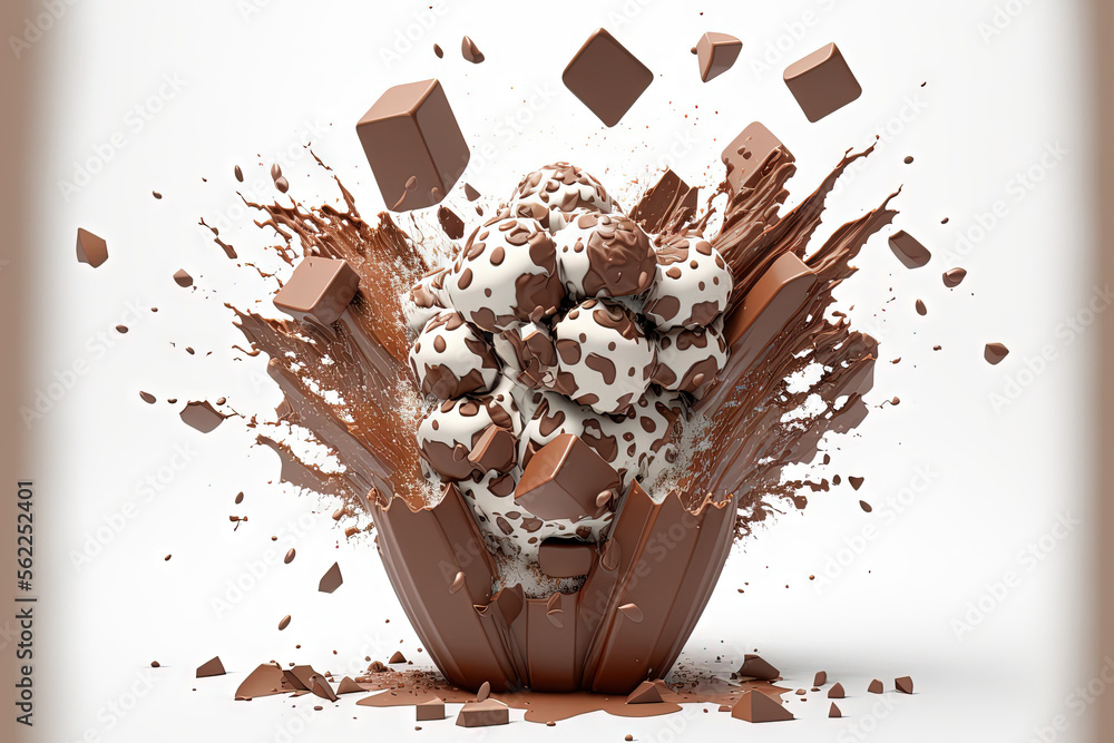 Breaking milk chocolate bits in an explosion against a white background ...