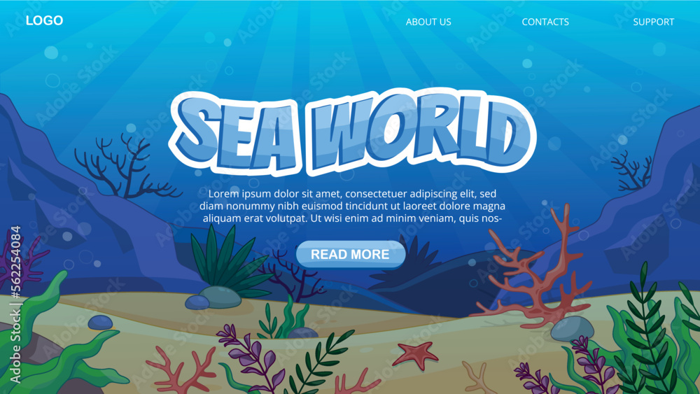 Underwater landing page. Colorful foliage, botany and floristry. Coral ...