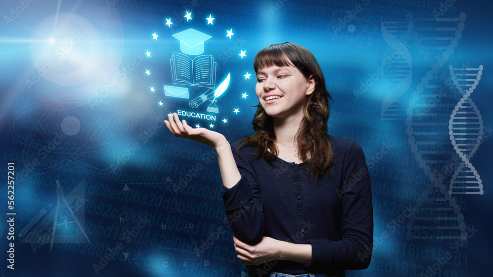 Teen girl student on glowing background with symbols of science ...