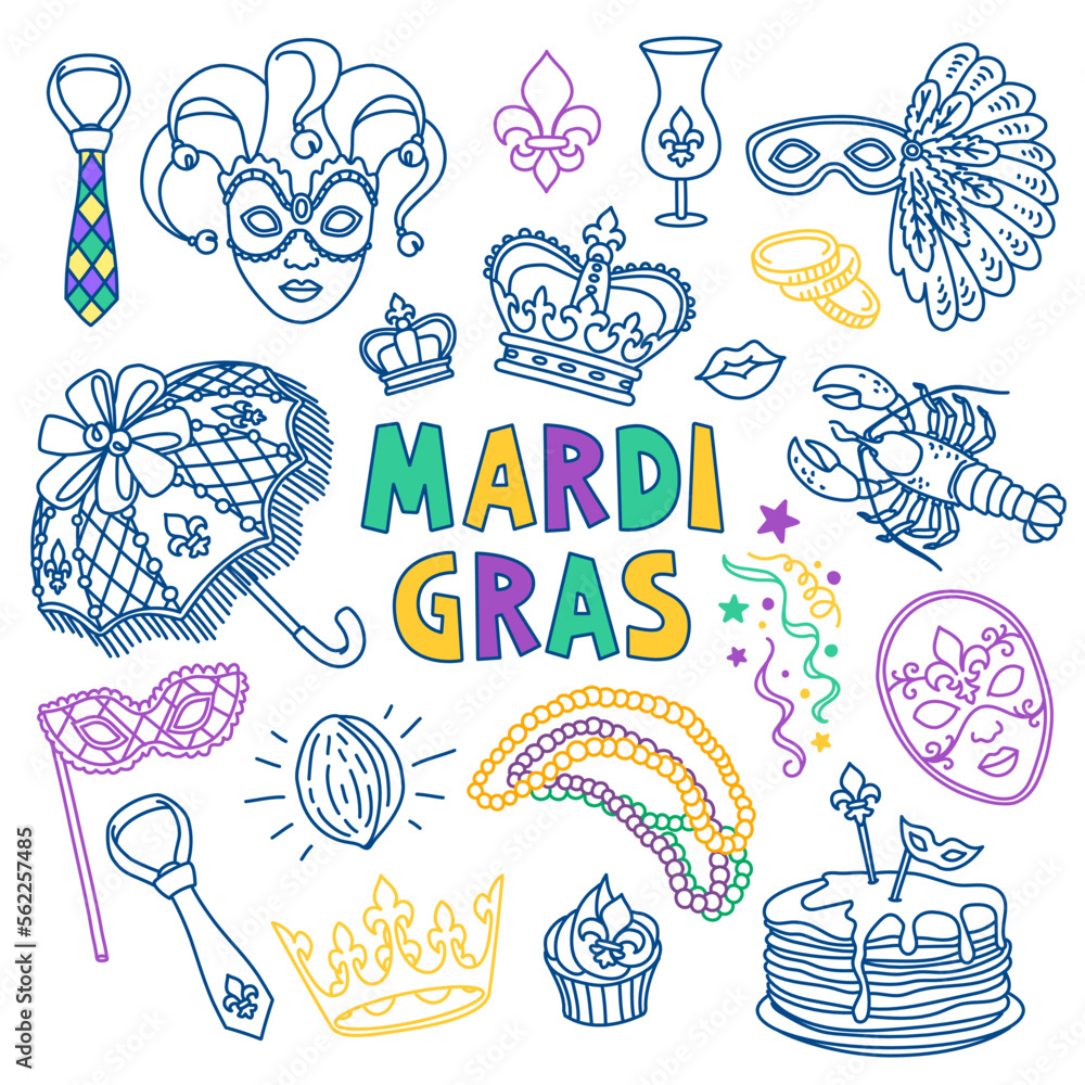 Mardi Gras doodle set. Carnival masks and party decorations. Hand drawn ...