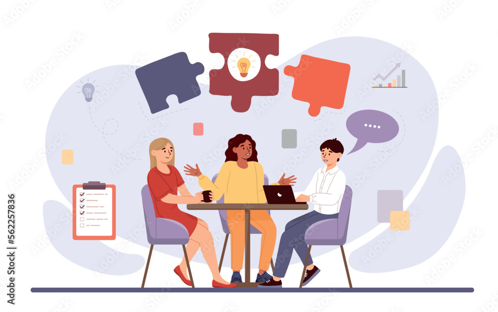 Cooperative teamwork concept. Man and women sit at table and discuss ...