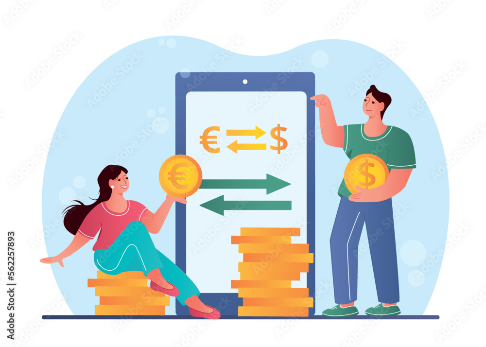 Currency exchange concept. Man and woman with gold coins in their hands ...