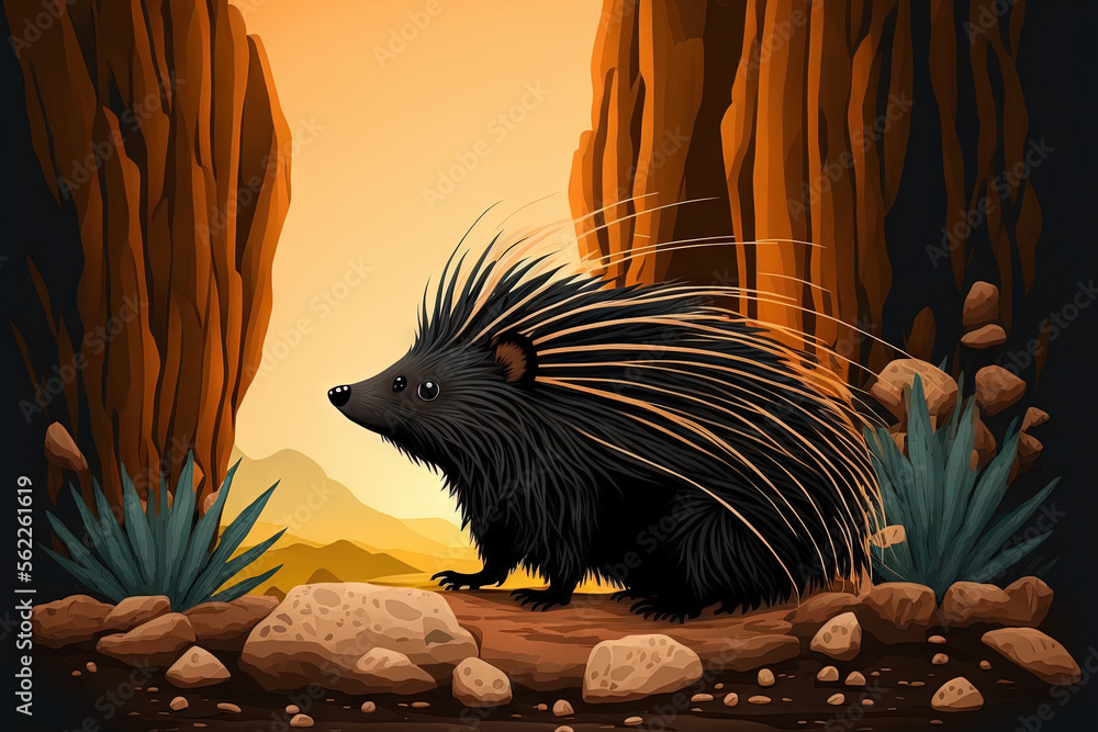 Hystrix indica, an Indian crested porcupine, in its natural rock ...