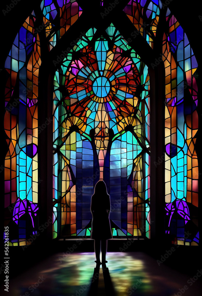 religious iconography: stained glass window & person praying ...