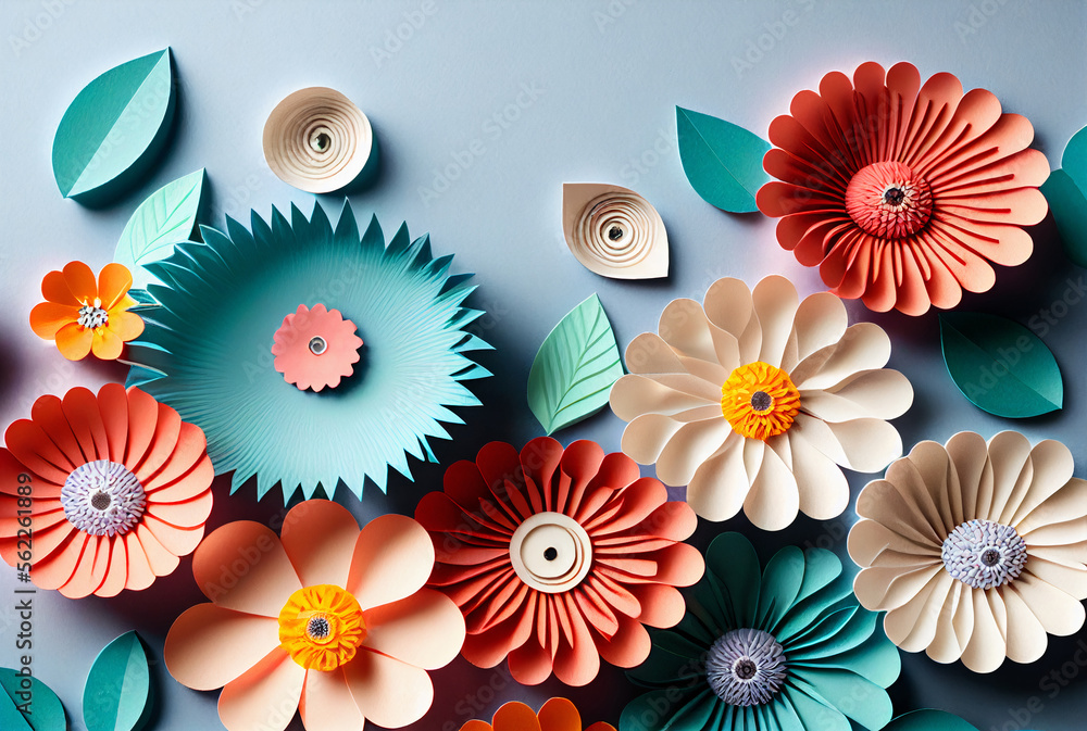 Decorative paper flowers isolated on pastel color wallpaper, corner ...