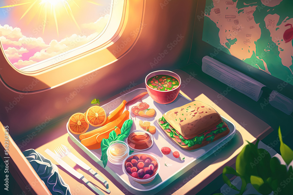 Tray with delicious healthy food on the plane, business class travel ...