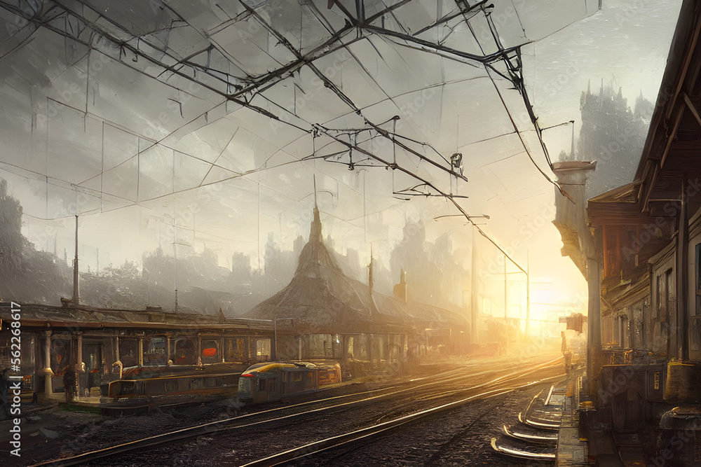 retro railway tram metro station landscape illustration concept art ...
