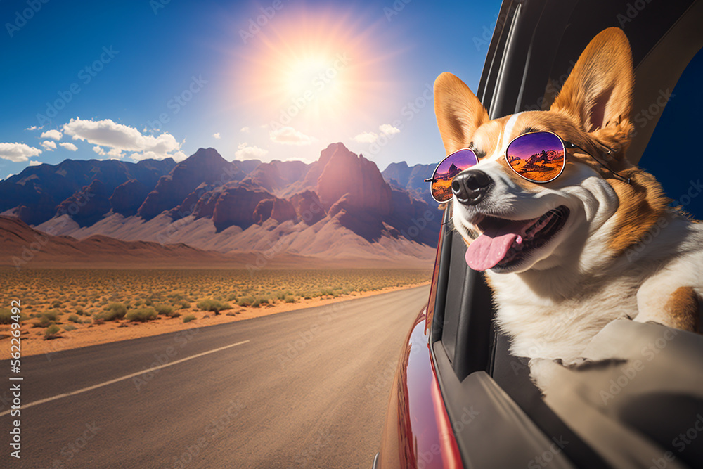 Corgi dog rides in a car on a trip. Created with generative Ai ...
