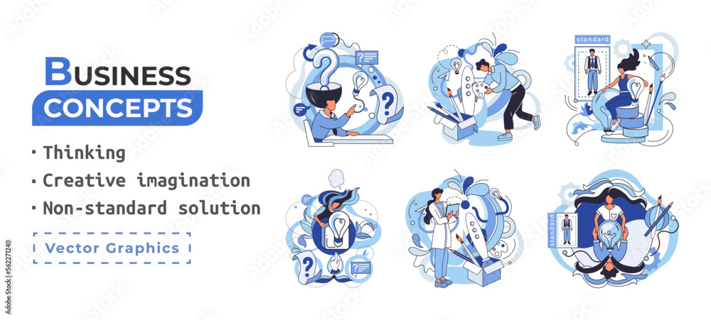 Creative thinking. People with different mental mindset types or model ...