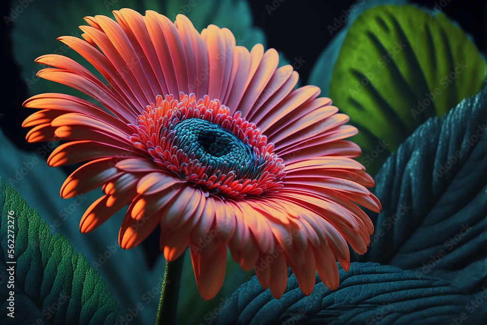 Beautiful gerbera flower interspersed with leaves. Generative AI. The ...