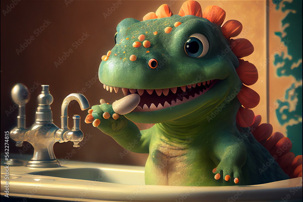 Baby dinosaur brushing teeth in the bathroom, perfect for kids hygiene ...