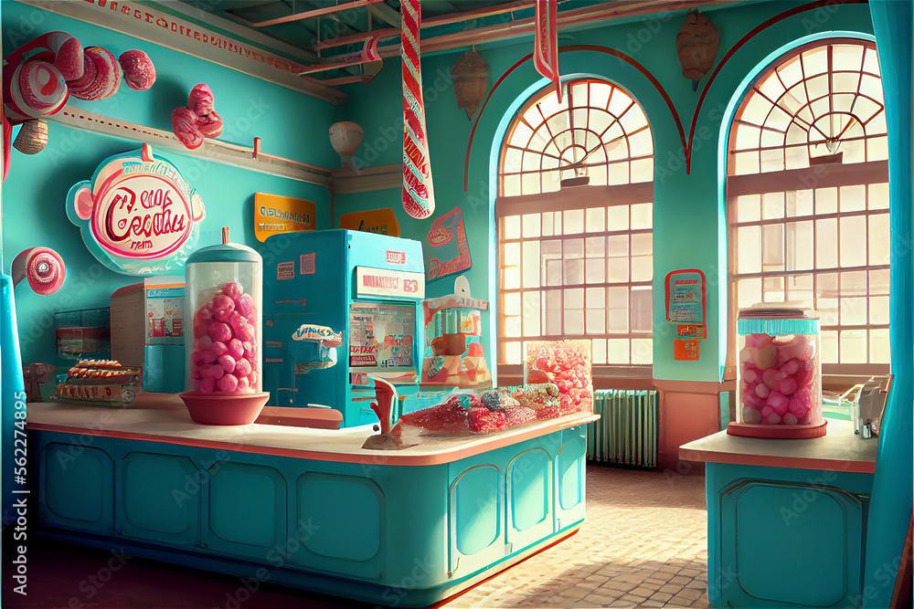 Luxury premium candy shop interior in pastel colors with lots of sweet ...