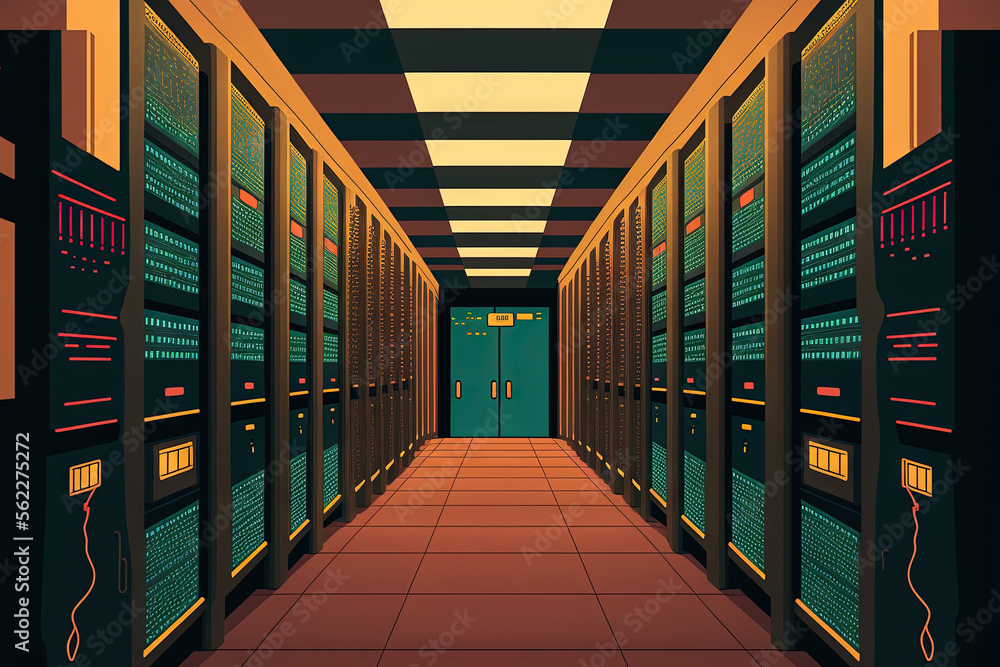 Image depicts a corridor in a working data center that is filled with ...