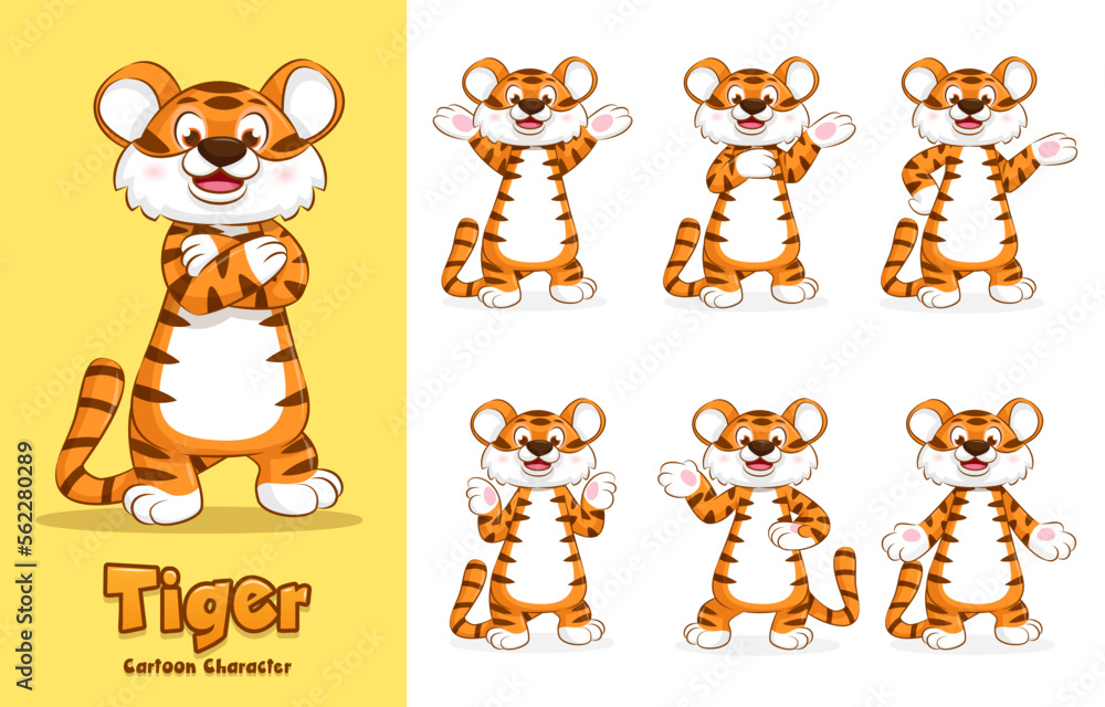 The tiger cartoon character. Tiger in various action poses vector ...