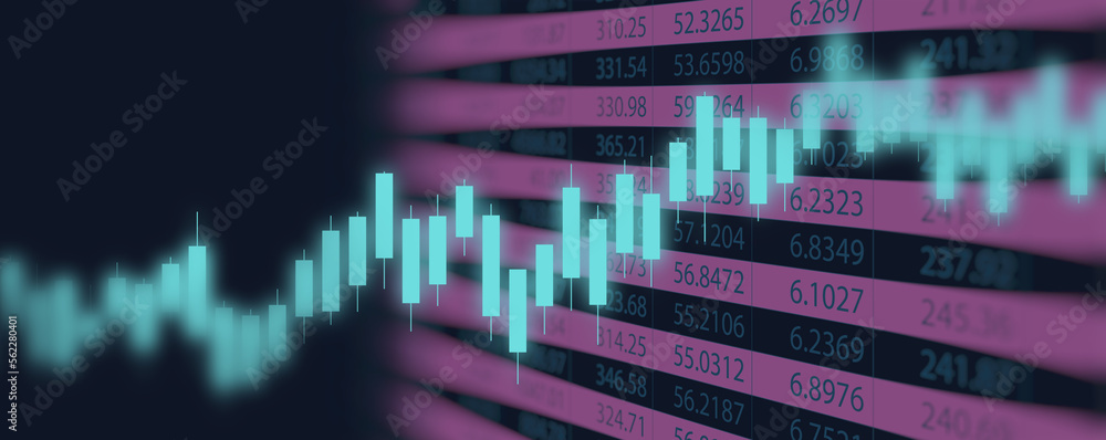 Financial chart with line graph and numbers in stock market on neon ...