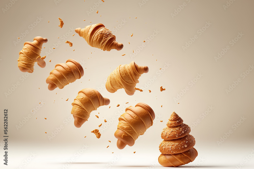 Levitating or flying croissants made just moments before. Set of many ...