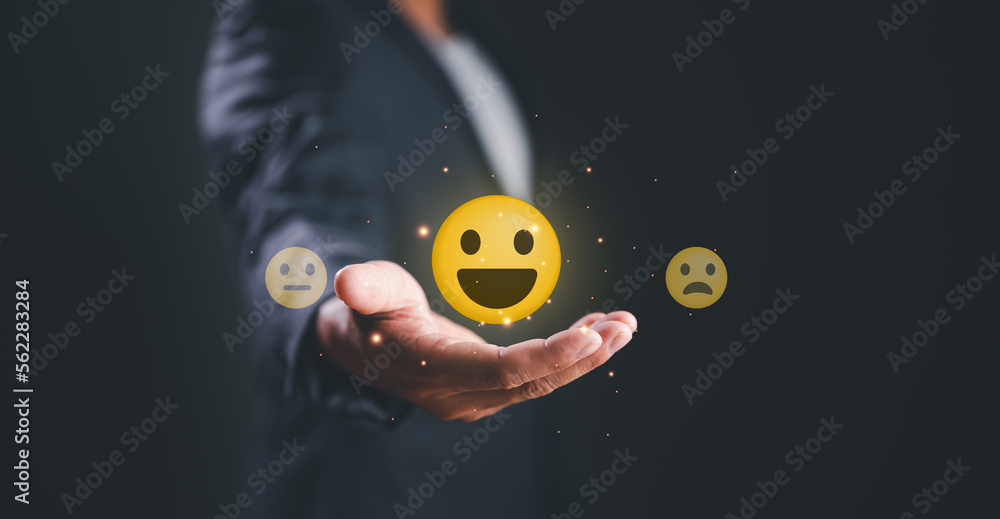 Hand showing happy smile relax face , good feedback rating, think ...