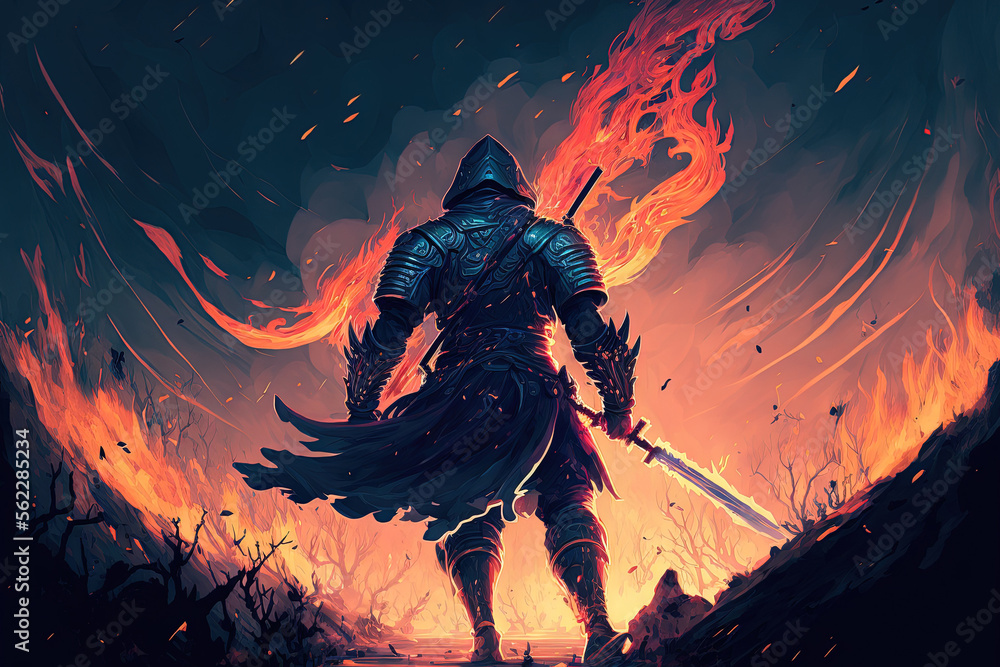Digital art style, illustrated painting of a dark warrior traversing a ...