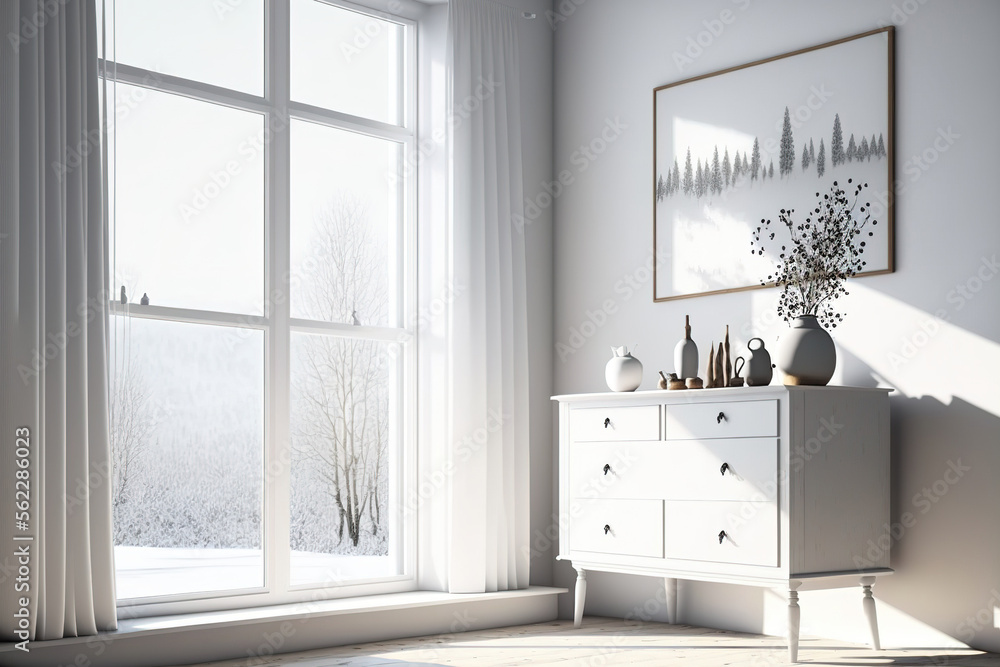 Interior of a white, barren, minimalist room with a wooden floor, a ...