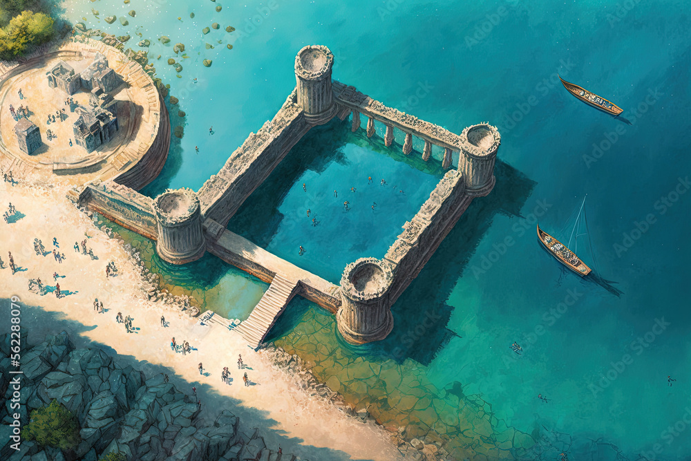 Ancient Epidaurus Sunken City in Argolida, Greece aerial, top down drone perspective. Greek ...