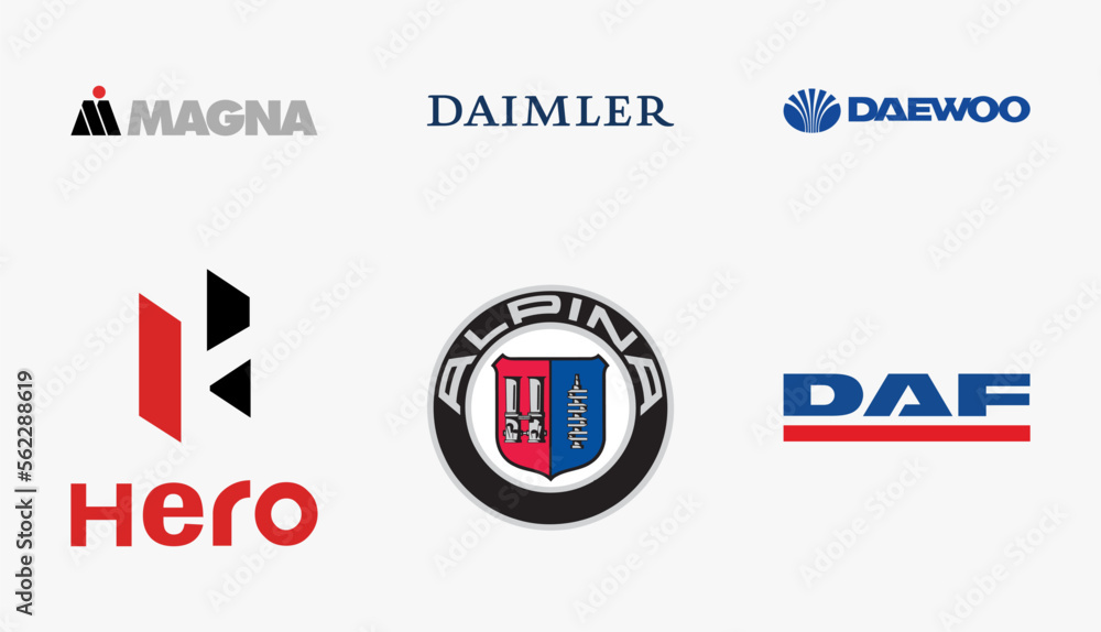 Auto and Moto logos collection. Magna, Hero Moto, DAF, Daimler, Daewoo ...