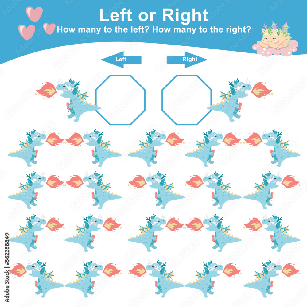Left or right with cute baby dragon eating spicy chili. Counting ...