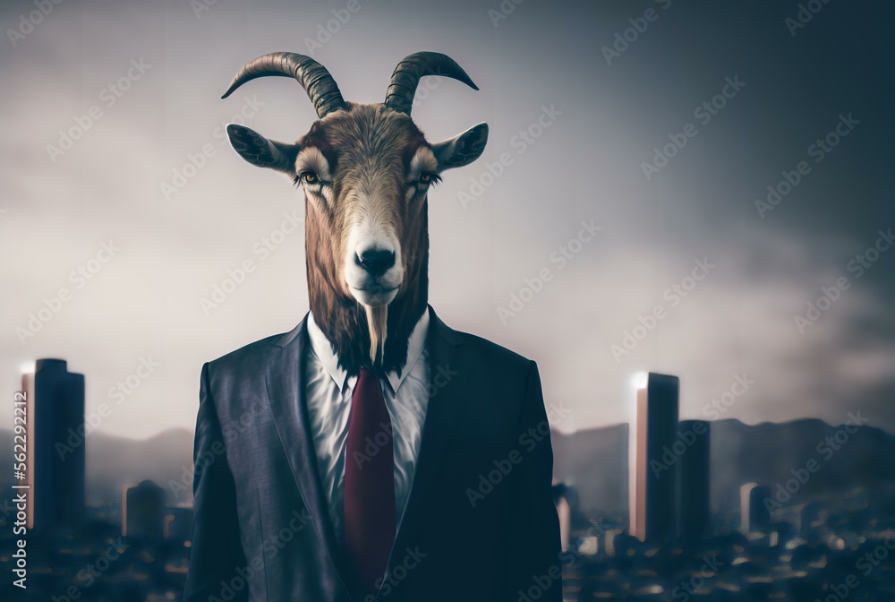 goat standing tall in a suit, looking confident and powerful while ...