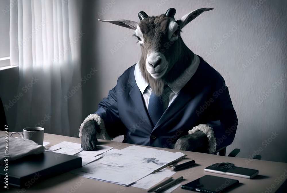 goat in a suit sitting at a desk, surrounded by documents, symbolising ...