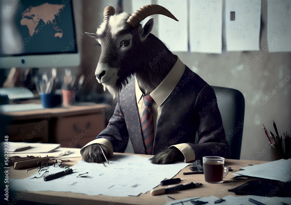 Illustrazione Stock goat in a suit sitting at a desk, surrounded by ...