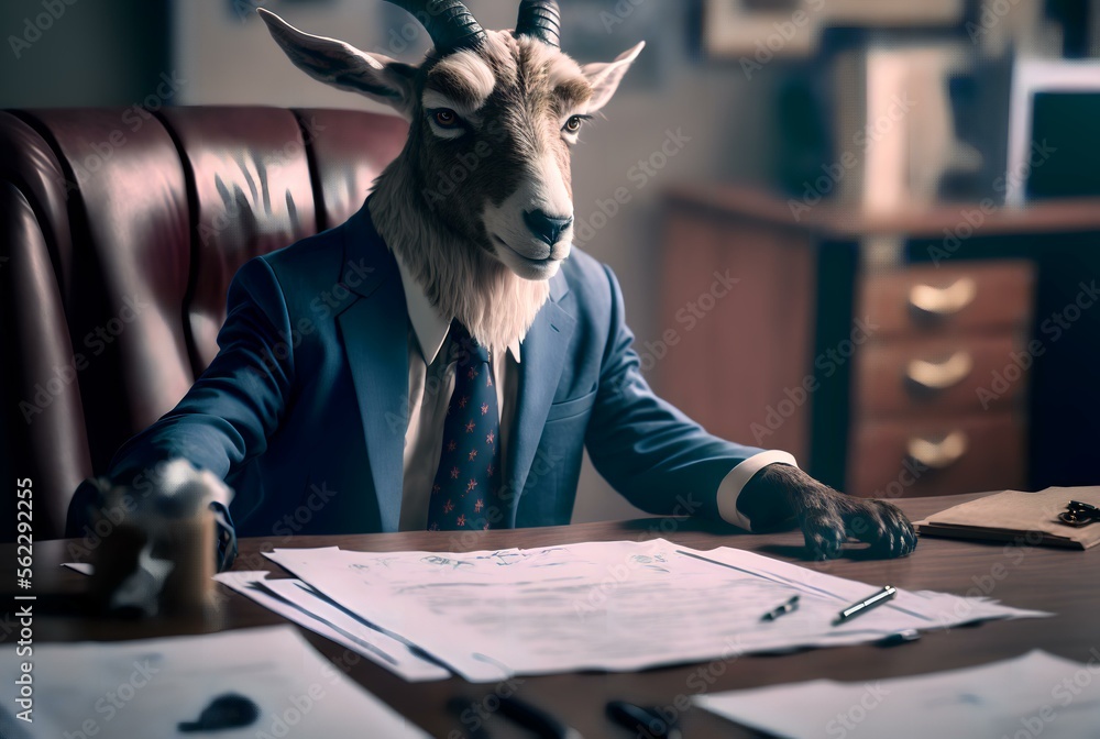 goat in a suit sitting at a desk, surrounded by documents, symbolising ...