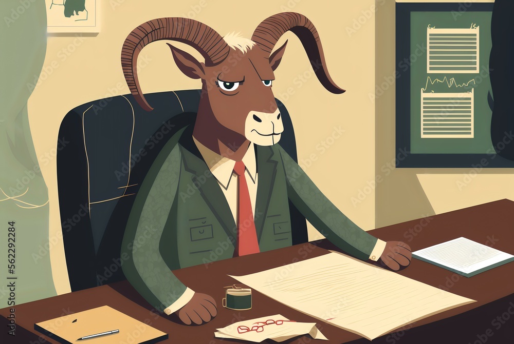 goat in a suit sitting at a desk, surrounded by documents, symbolising ...