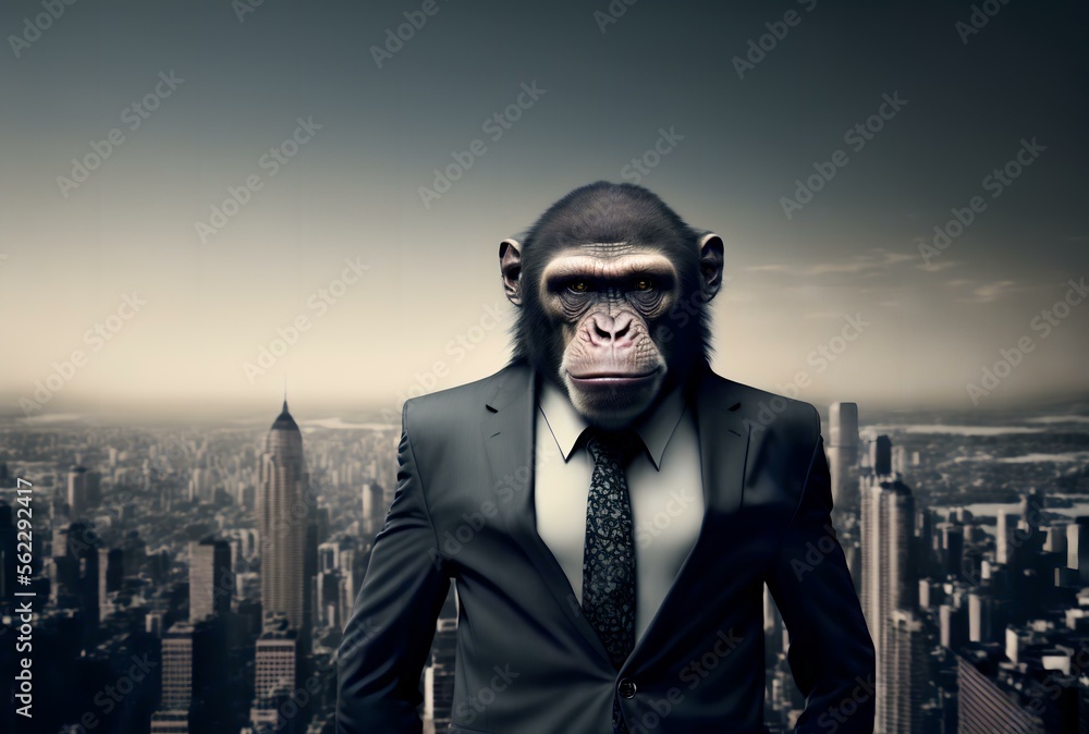 monkey wearing a suit and tie, standing on top of a skyscraper ...