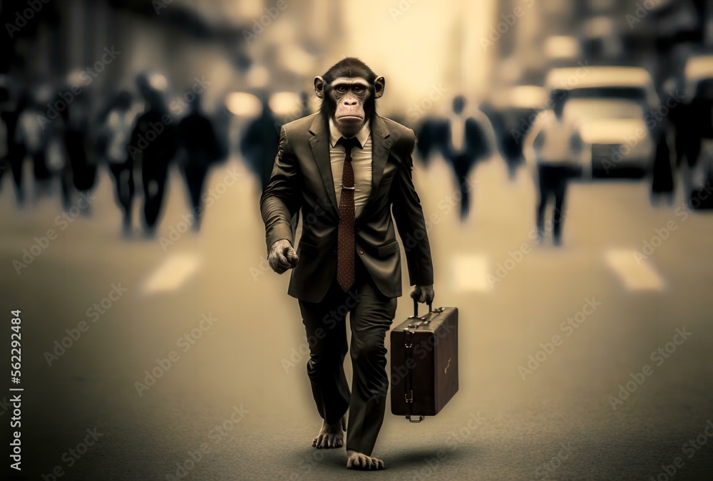 monkey wearing a suit and tie, holding a briefcase and walking down a busy street, symbolising ...