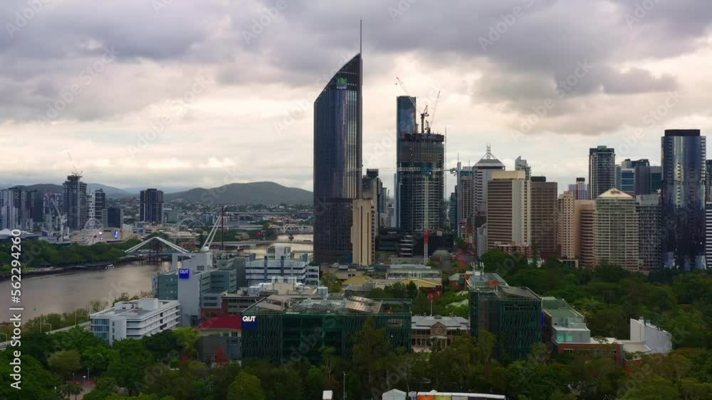 Aerial drone flyover QUT gardens point campus in downtown central ...